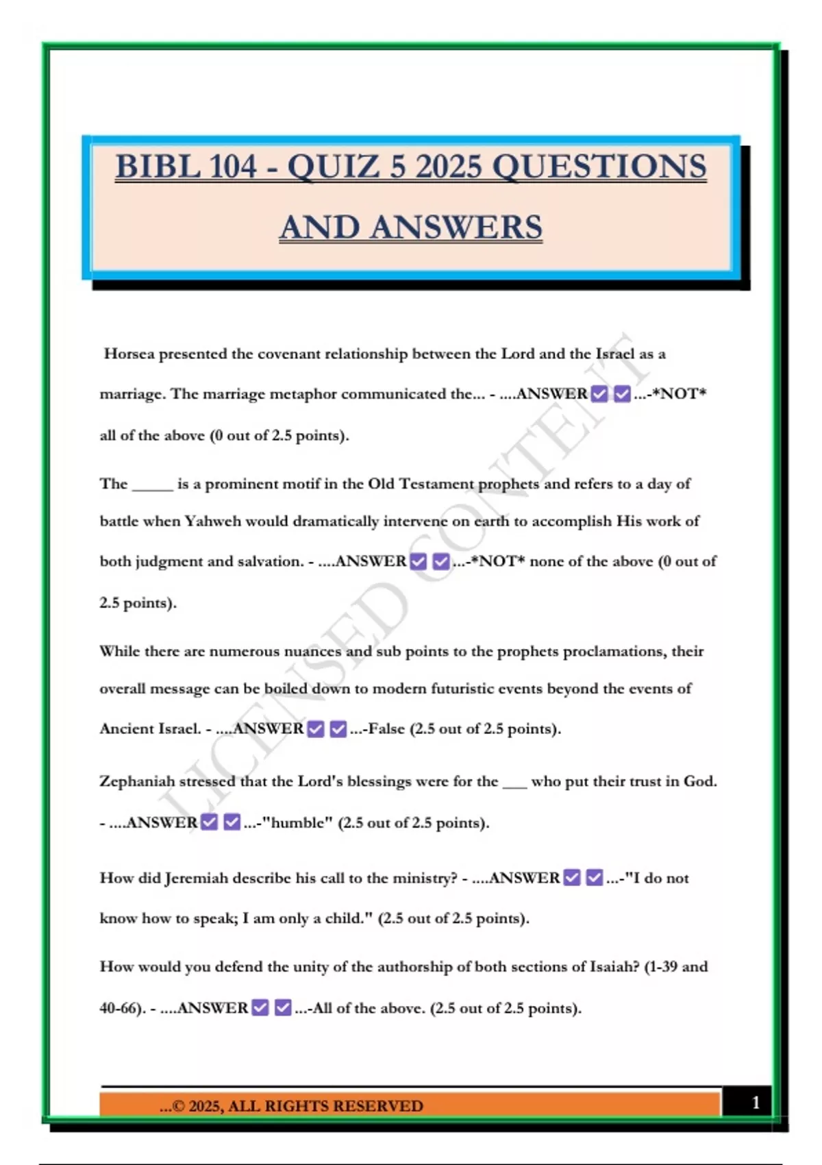 BIBL 104 - QUIZ 5 2025 QUESTIONS AND ANSWERS - BIBL104 - Stuvia US