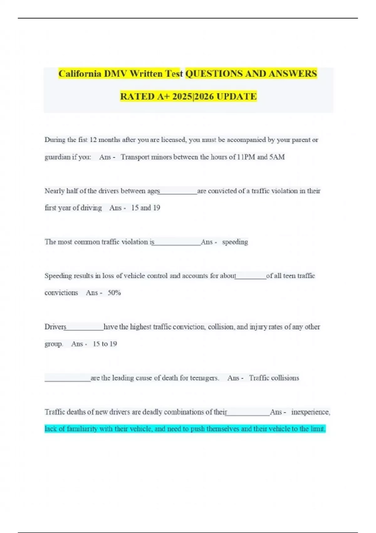 California DMV Written Test QUESTIONS AND ANSWERS RATED A+ 2025|2026 ...