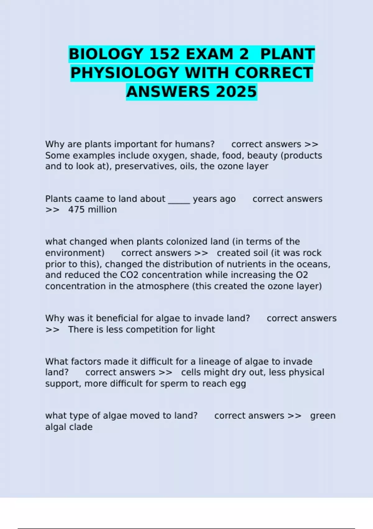 BIOLOGY 152 EXAM 2 PLANT PHYSIOLOGY WITH CORRECT ANSWERS 2025 - BIOLOGY ...