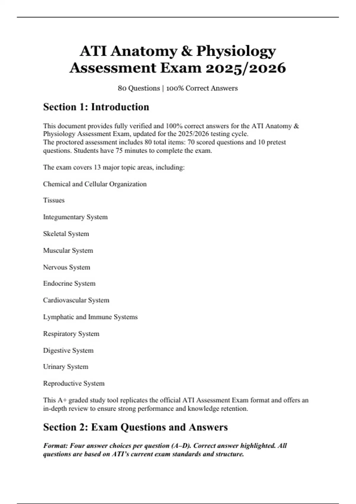 ATI Anatomy & Physiology Assessment Exam 2025/2026 – 80 Questions with ...