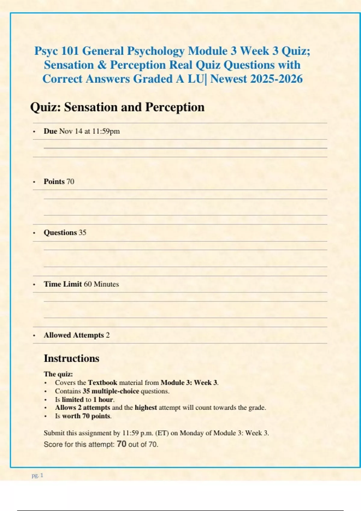 Psyc 101 General Psychology Module 3 Week 3 Quiz; Sensation ...