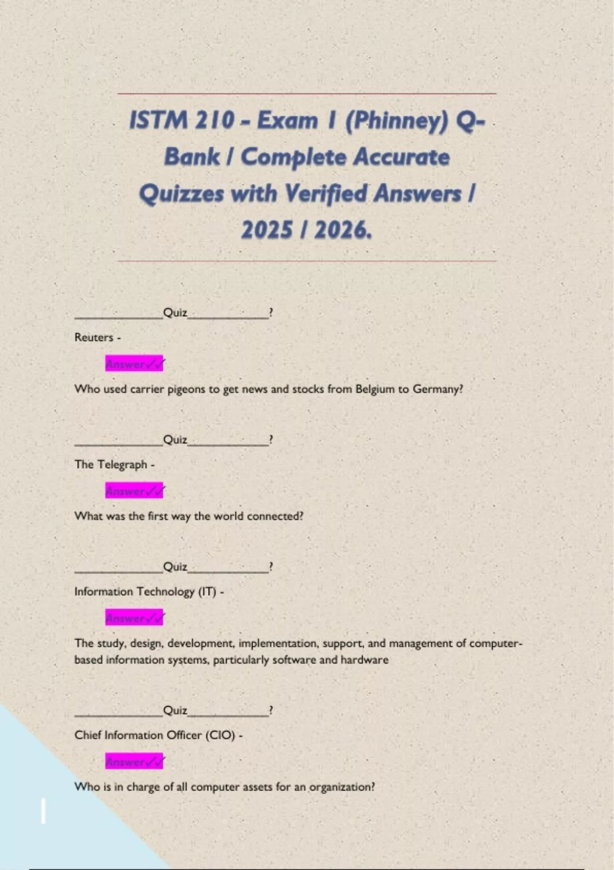 ISTM 210 - Exam 1 (Phinney) QBank / Complete Accurate Quizzes with ...