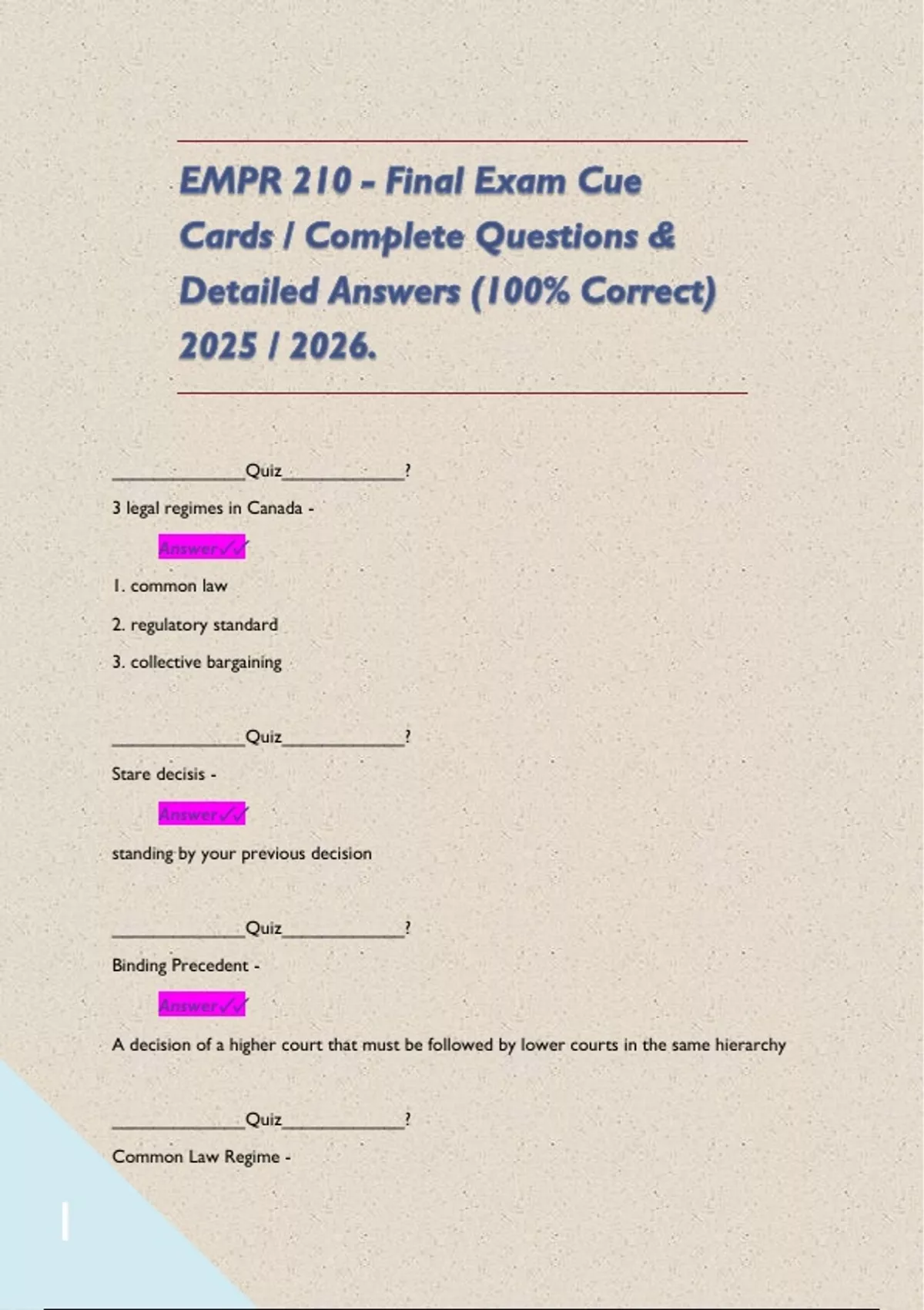EMPR 210 - Final Exam Cue Cards / Complete Questions & Detailed Answers (100% Correct) 2025 / ...