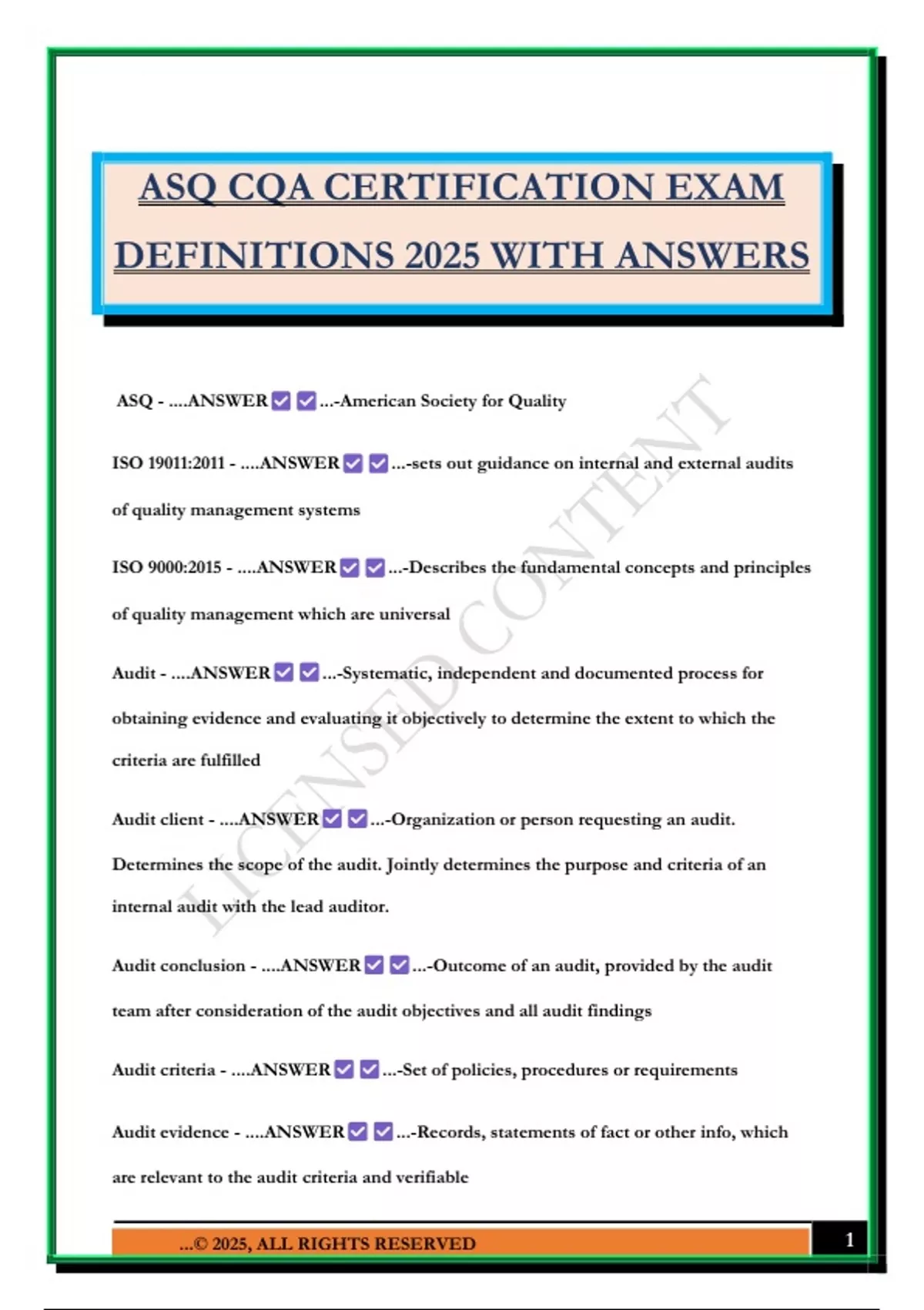 ASQ CQA CERTIFICATION EXAM DEFINITIONS 2025 WITH ANSWERS - CQE/CQA ...