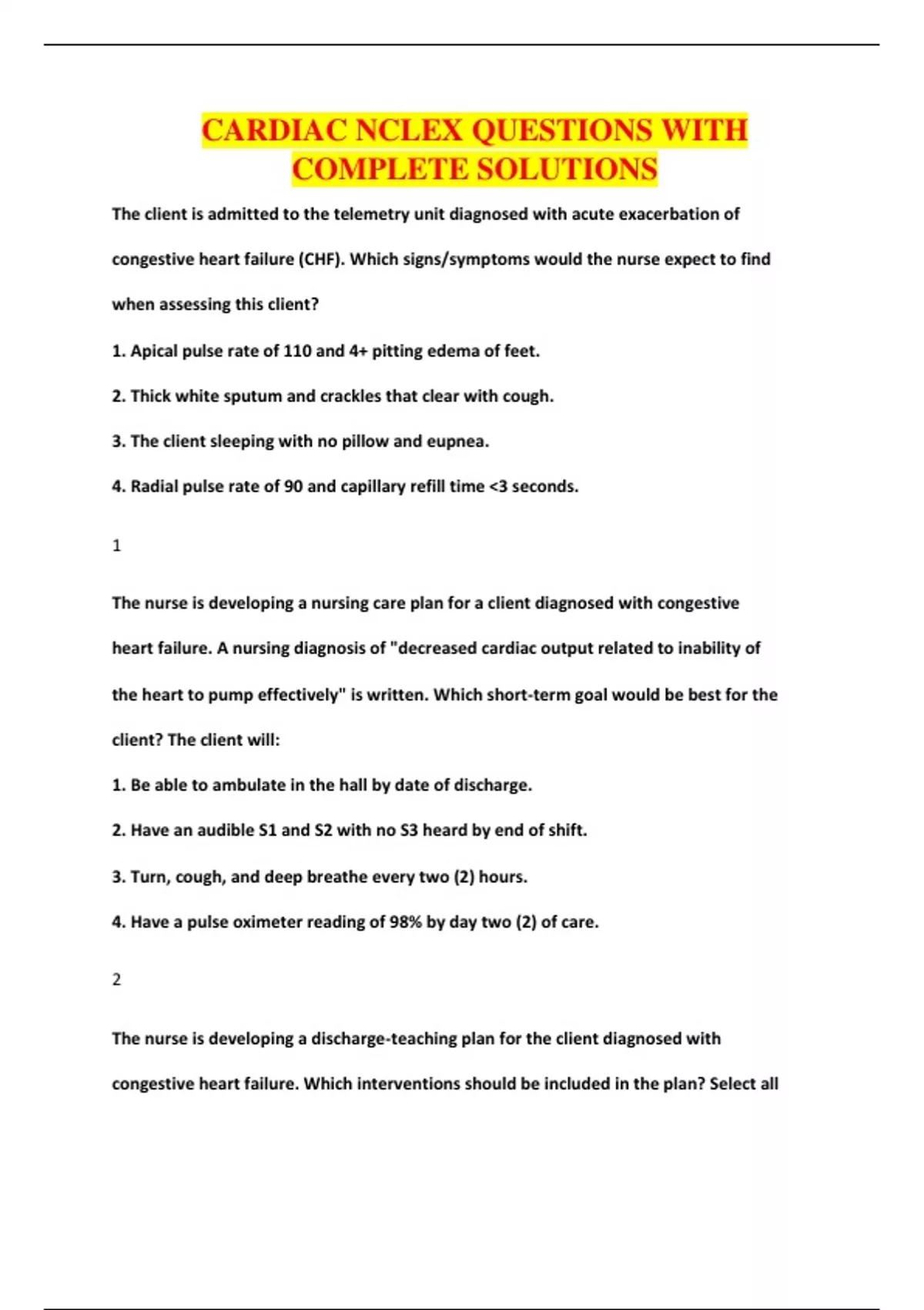 CARDIAC NCLEX QUESTIONS WITH COMPLETE SOLUTIONS - CARDIAC NCLEX - Stuvia US