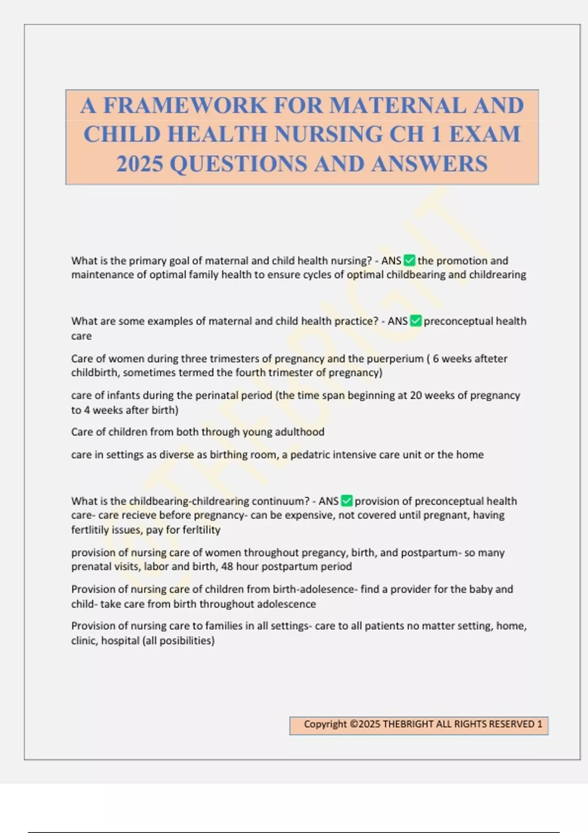 A FRAMEWORK FOR MATERNAL AND CHILD HEALTH NURSING CH 1 EXAM 2025 ...