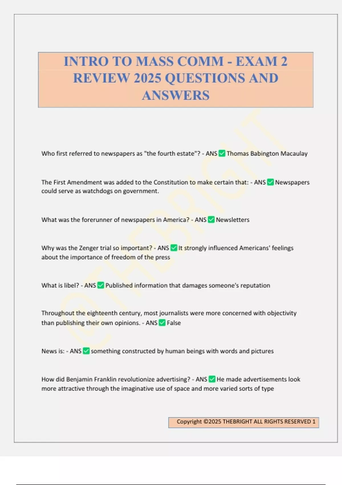 INTRO TO MASS COMM - EXAM 2 REVIEW 2025 QUESTIONS AND ANSWERS - MASS ...