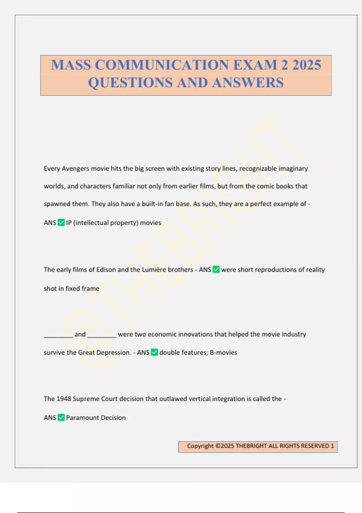 MASS COMMUNICATION EXAM 2 2025 QUESTIONS AND ANSWERS - MASS COMM ...