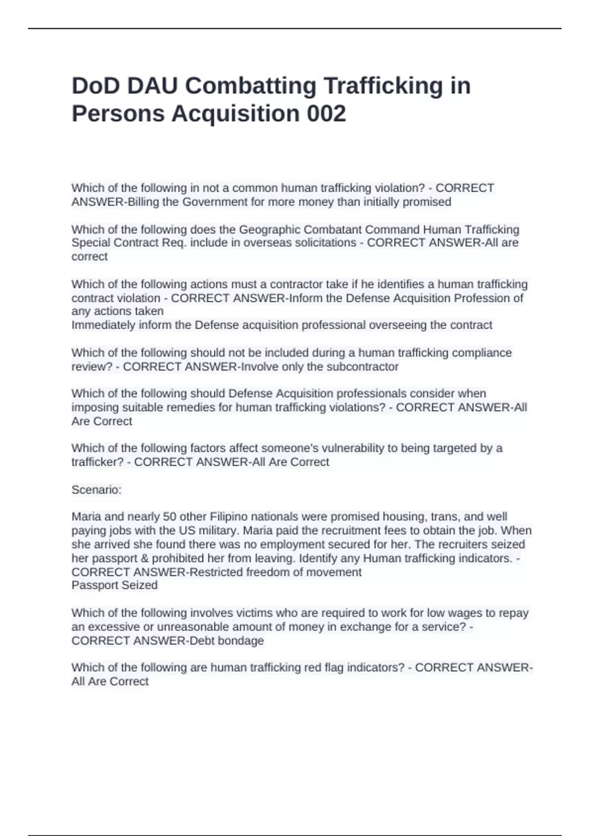 VCFD MSA G1 WITH CORRECT ANSWER 2025 - DoD DAU Combatting Trafficking ...