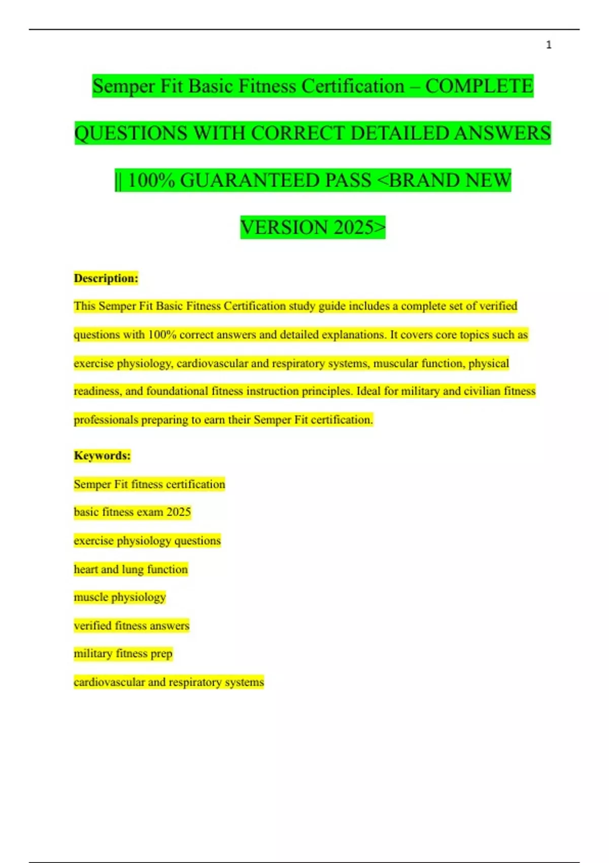 Semper Fit Basic Fitness Certification – COMPLETE QUESTIONS WITH ...