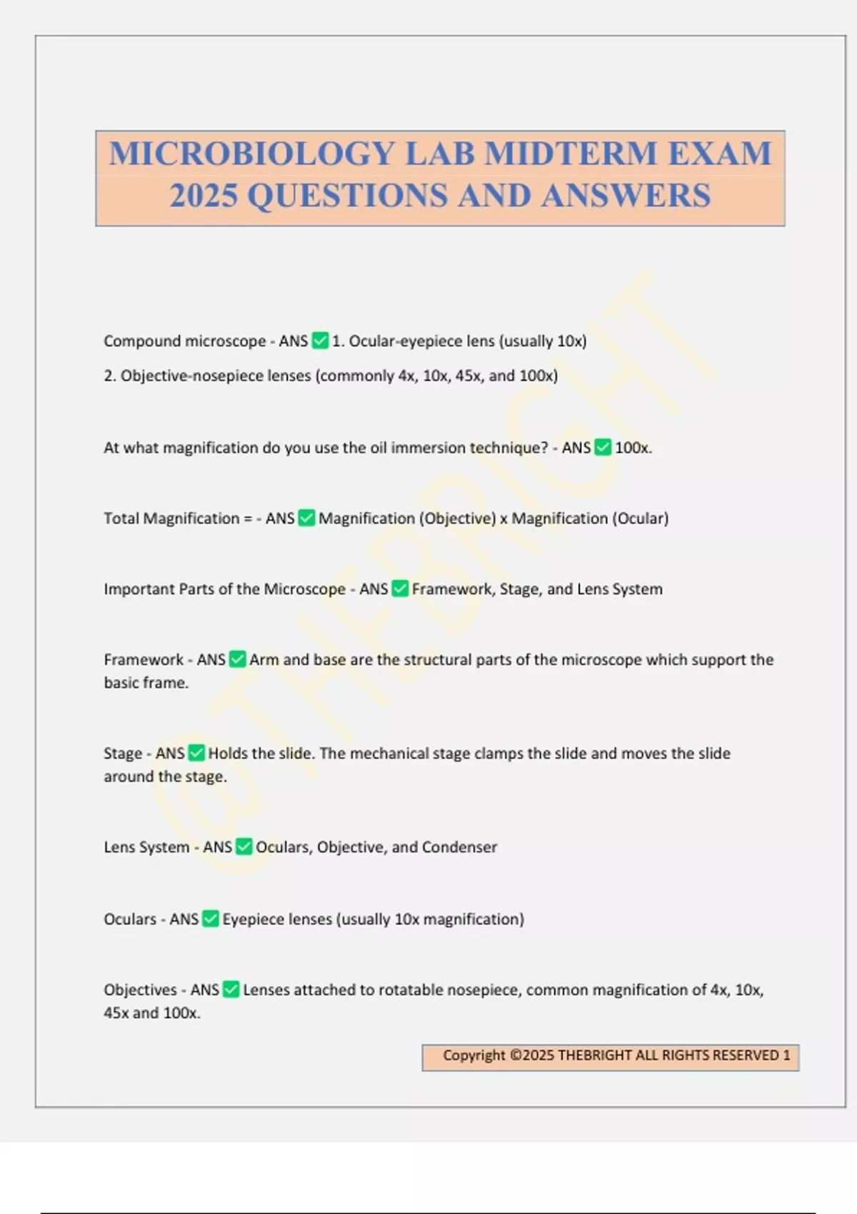 MICROBIOLOGY LAB MIDTERM EXAM 2025 QUESTIONS AND ANSWERS - MICROBIOLOGY ...