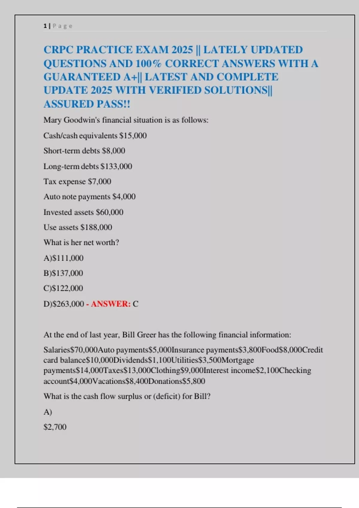 CRPC PRACTICE EXAM 2025 || LATELY UPDATED QUESTIONS AND 100% CORRECT ANSWERS WITH A GUARANTEED ...