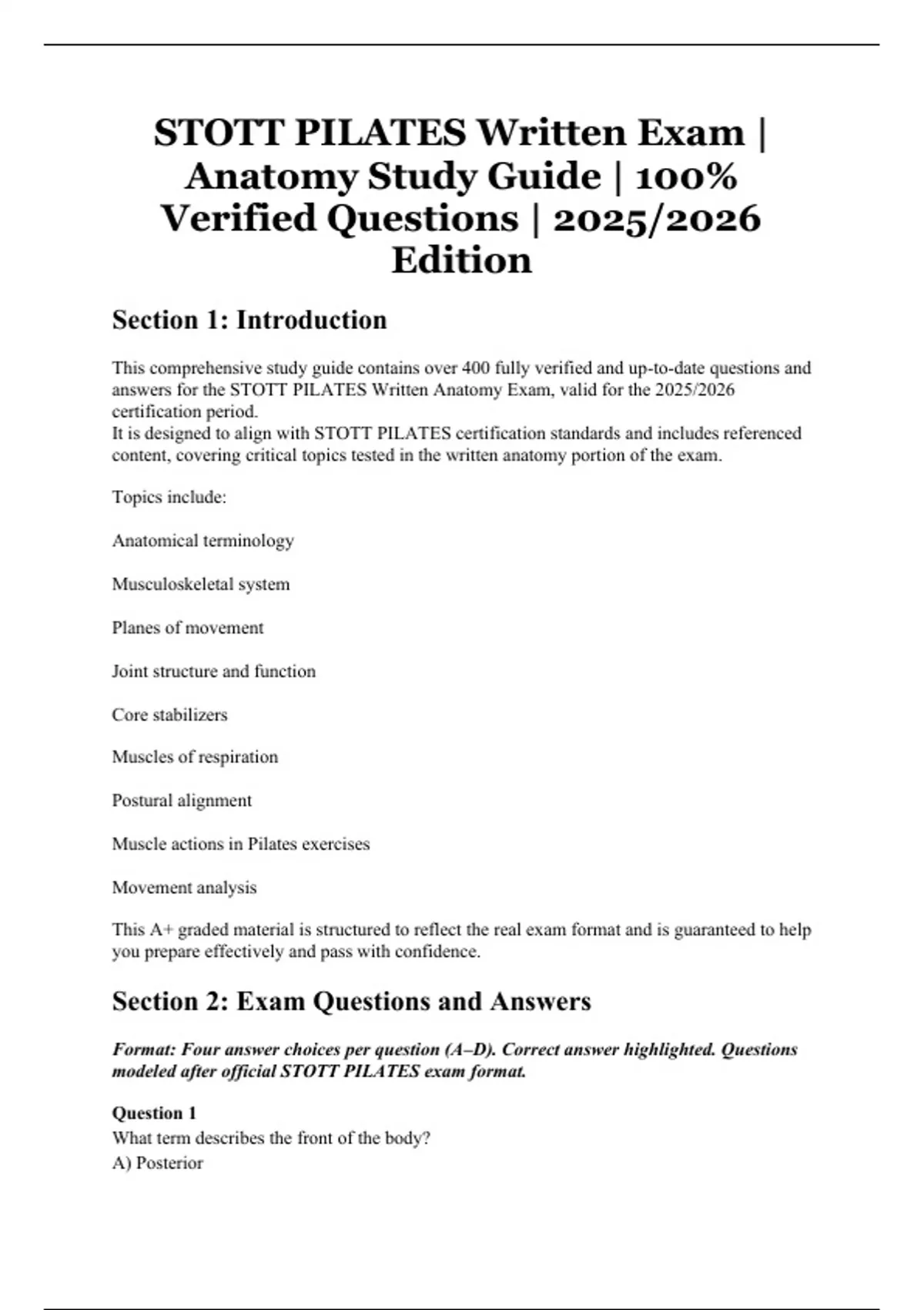 STOTT PILATES Written Exam | Anatomy Study Guide | 100% Verified ...