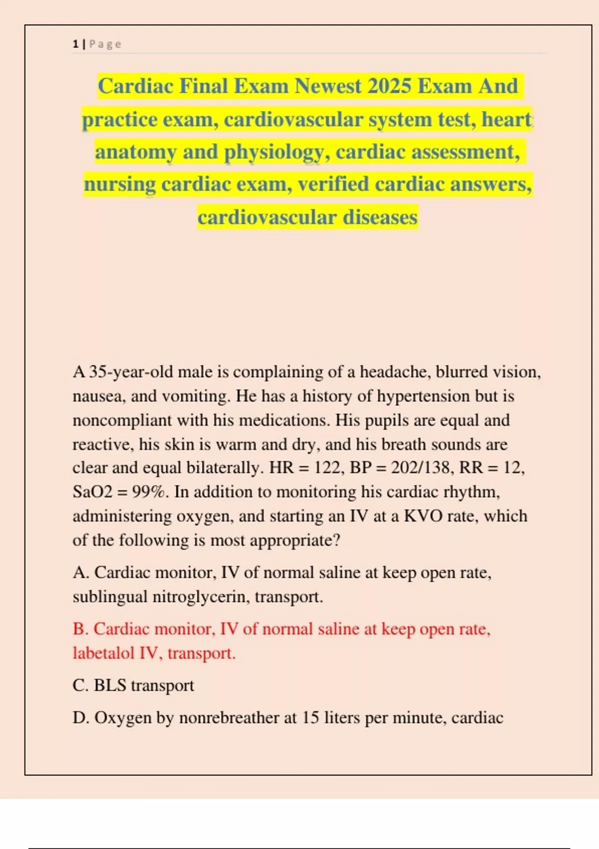 Cardiac Final Exam Newest 2025 Exam And practice exam, cardiovascular ...