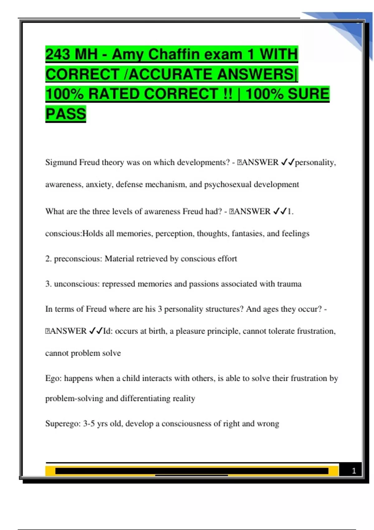 243 MH - Amy Chaffin exam 1 WITH CORRECT /ACCURATE ANSWERS| 100% RATED CORRECT !! | 100% SURE ...