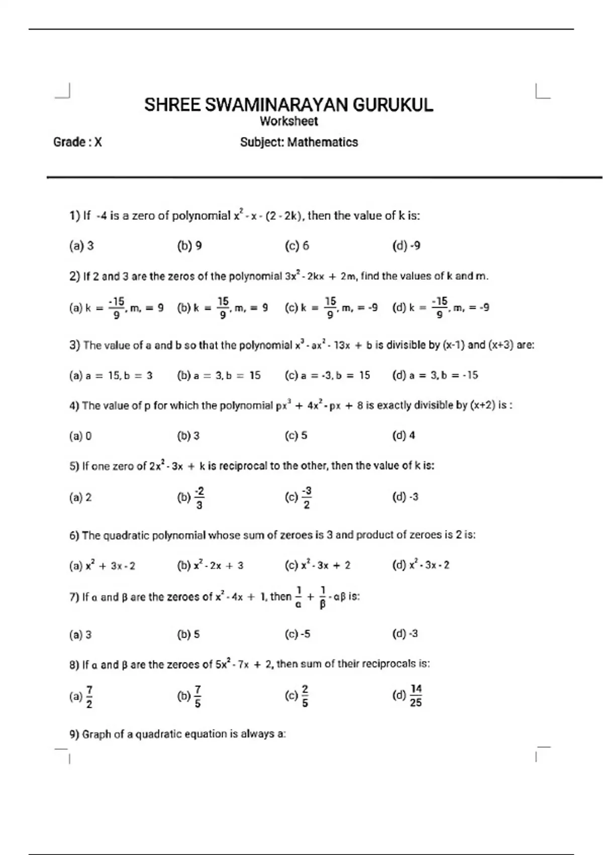best questions of class 10th maths - Mathematics - Stuvia US