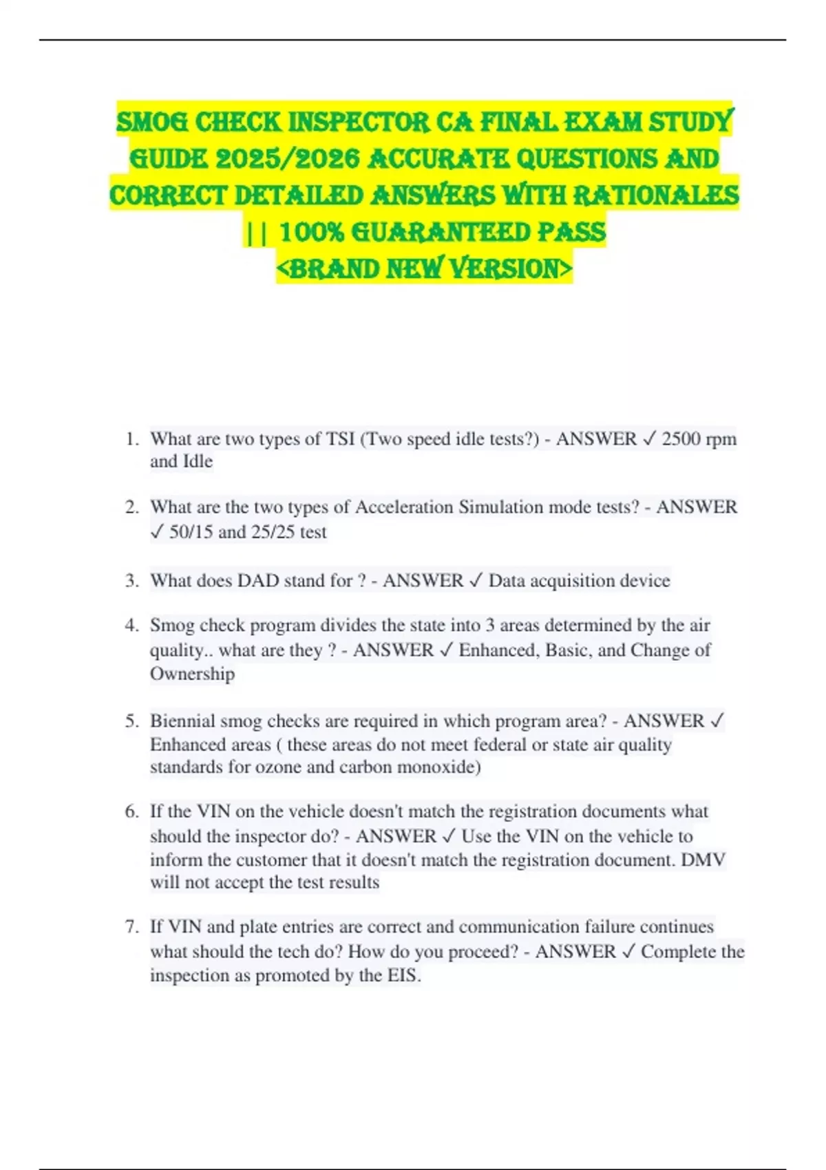 Smog Check Inspector CA FINAL EXAM STUDY GUIDE 2025/2026 ACCURATE QUESTIONS AND CORRECT DETAILED ...