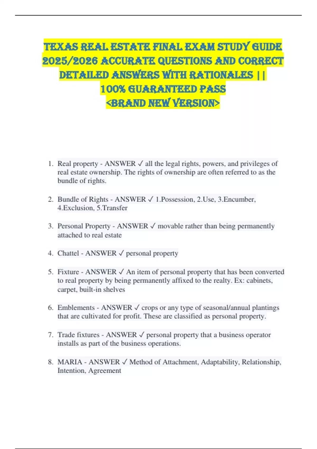 Texas Real Estate FINAL EXAM STUDY GUIDE 2025/2026 ACCURATE QUESTIONS ...