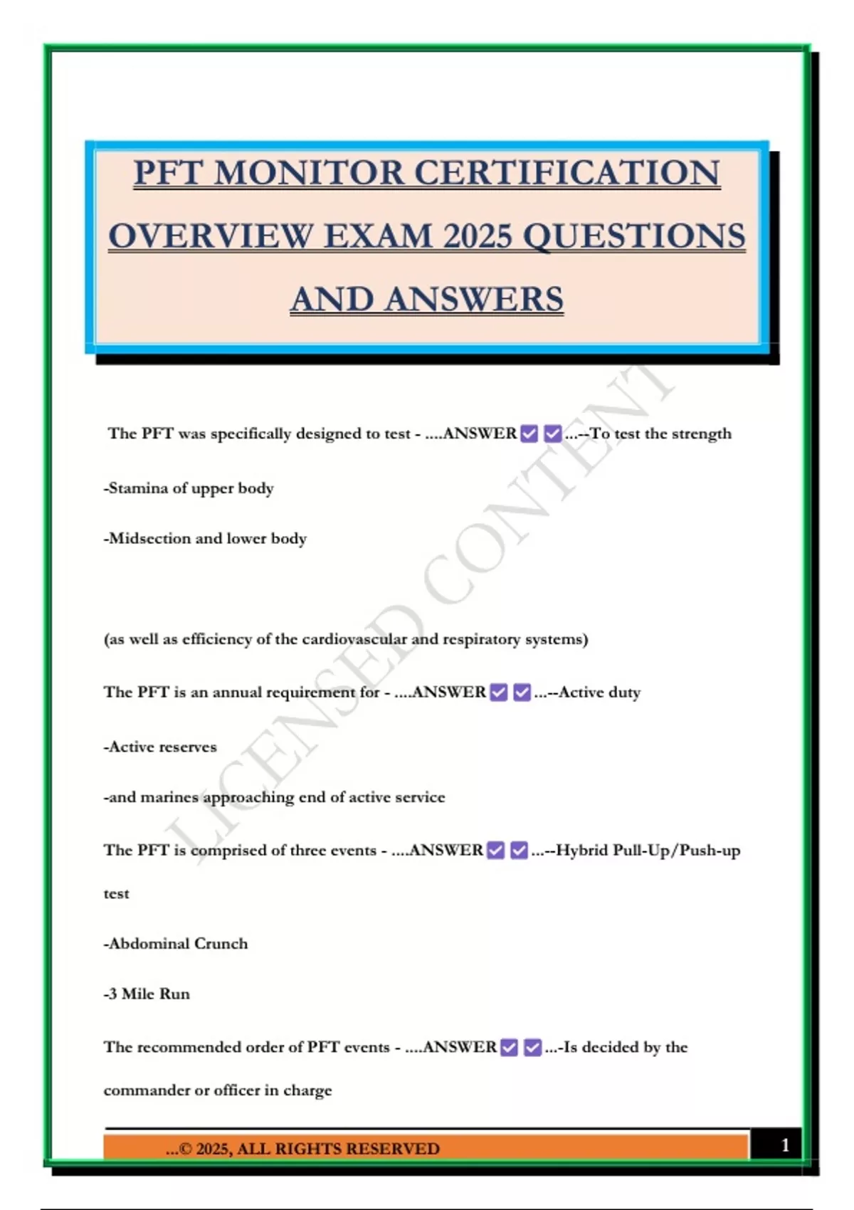PFT MONITOR CERTIFICATION OVERVIEW EXAM 2025 QUESTIONS AND ANSWERS - PFT - Stuvia US