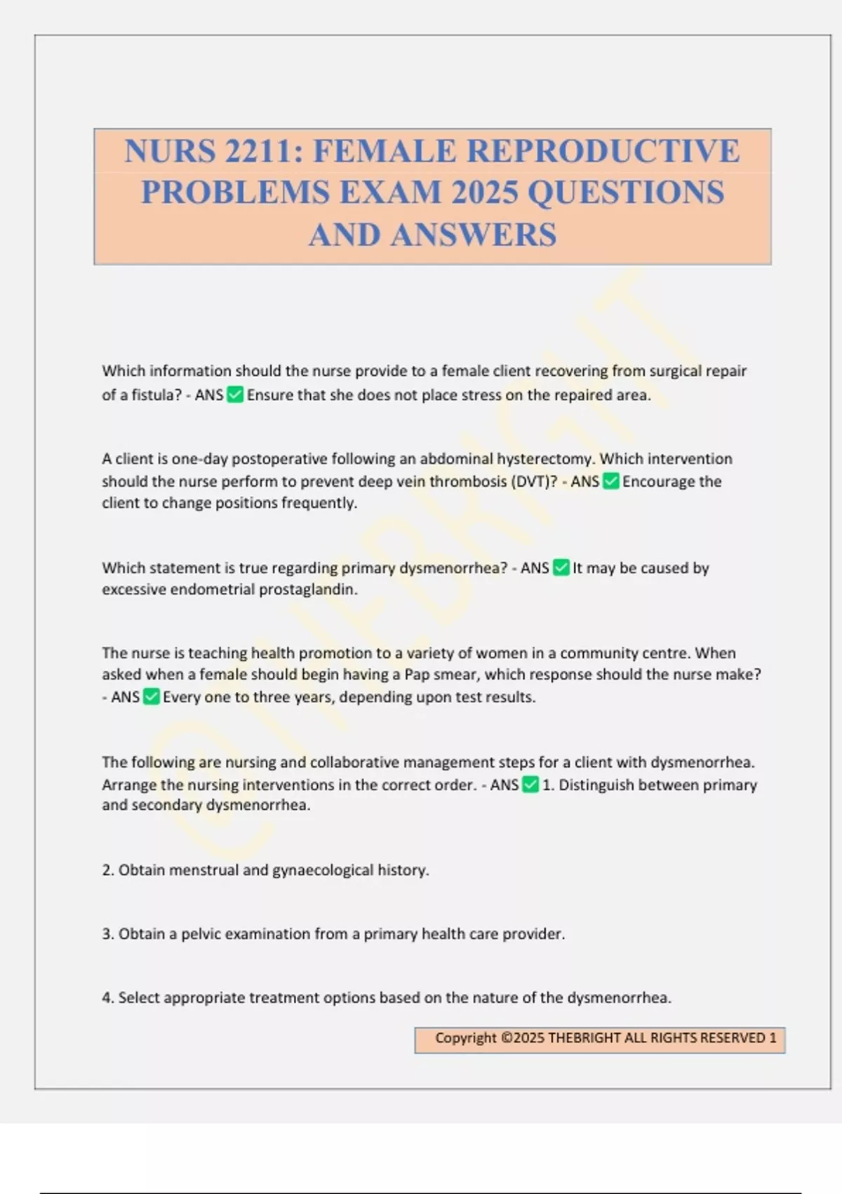 NURS 2211: FEMALE REPRODUCTIVE PROBLEMS EXAM 2025 QUESTIONS AND ANSWERS ...