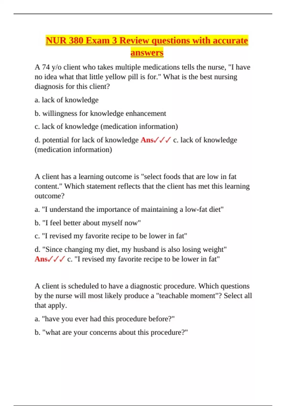 NUR 380 – Fundamentals of Nursing – Exam 3 Review – Verified Practice Questions with Correct ...