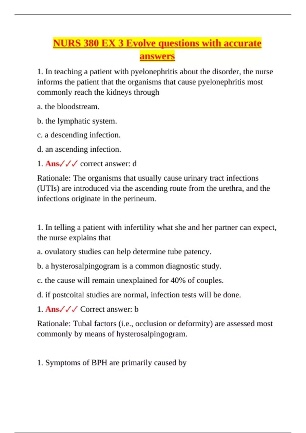 NURS 380 – Exam 3 Evolve Practice Questions – Verified Answers – Patient Education, Safety ...