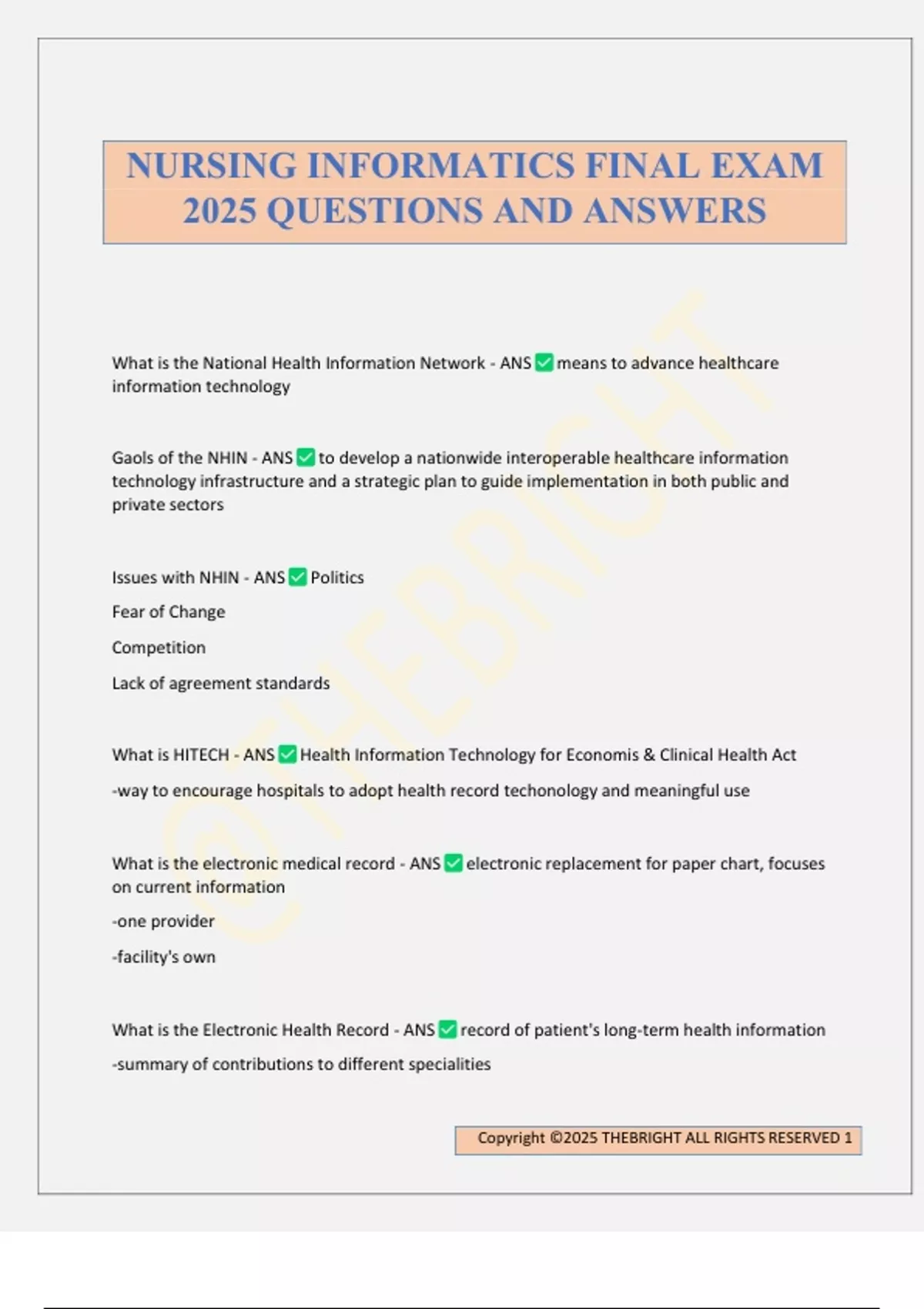 NURSING INFORMATICS FINAL EXAM 2025 QUESTIONS AND ANSWERS - NURSING ...