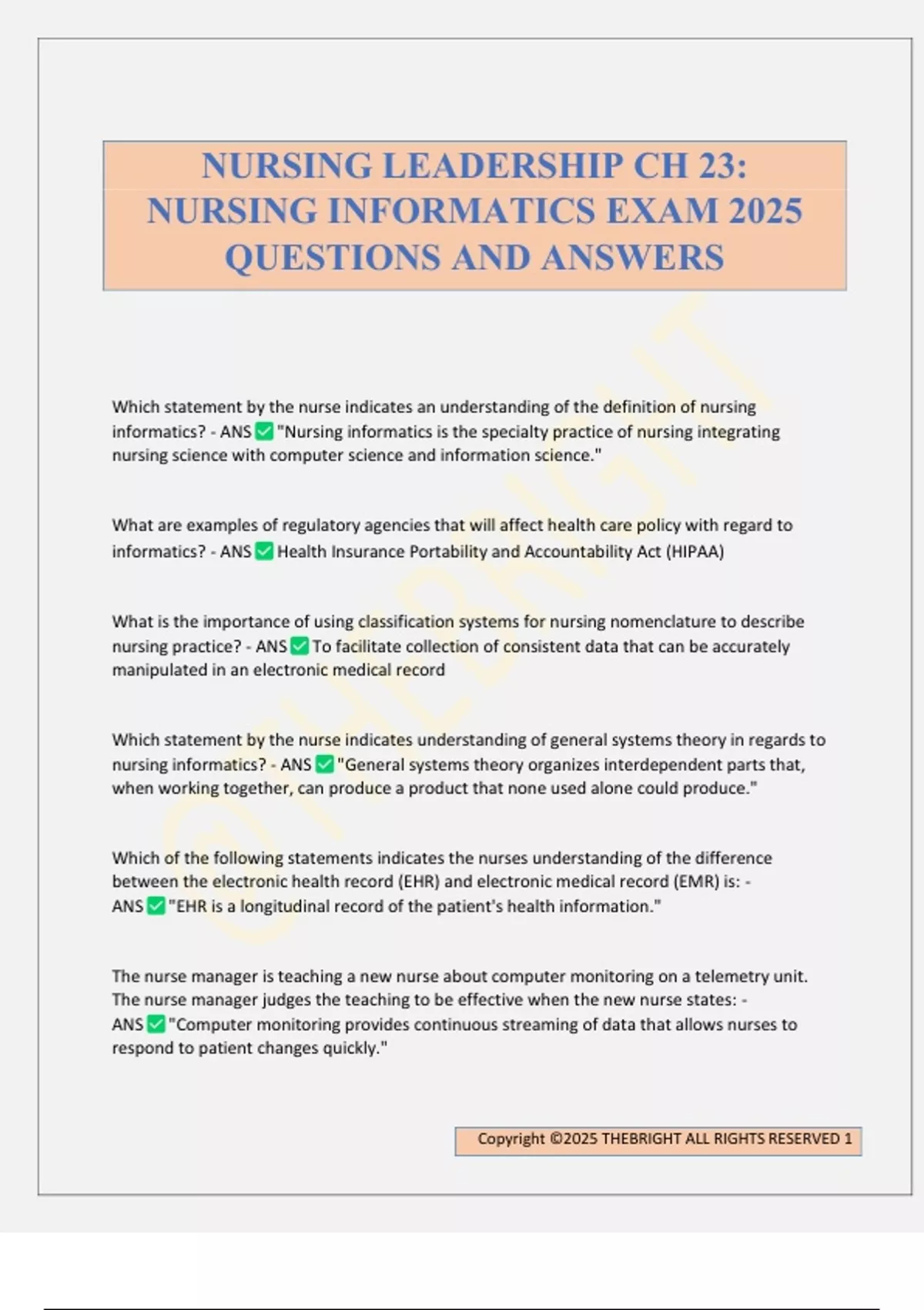 Nursing Leadership Ch 23 Nursing Informatics Exam 2025 Questions And