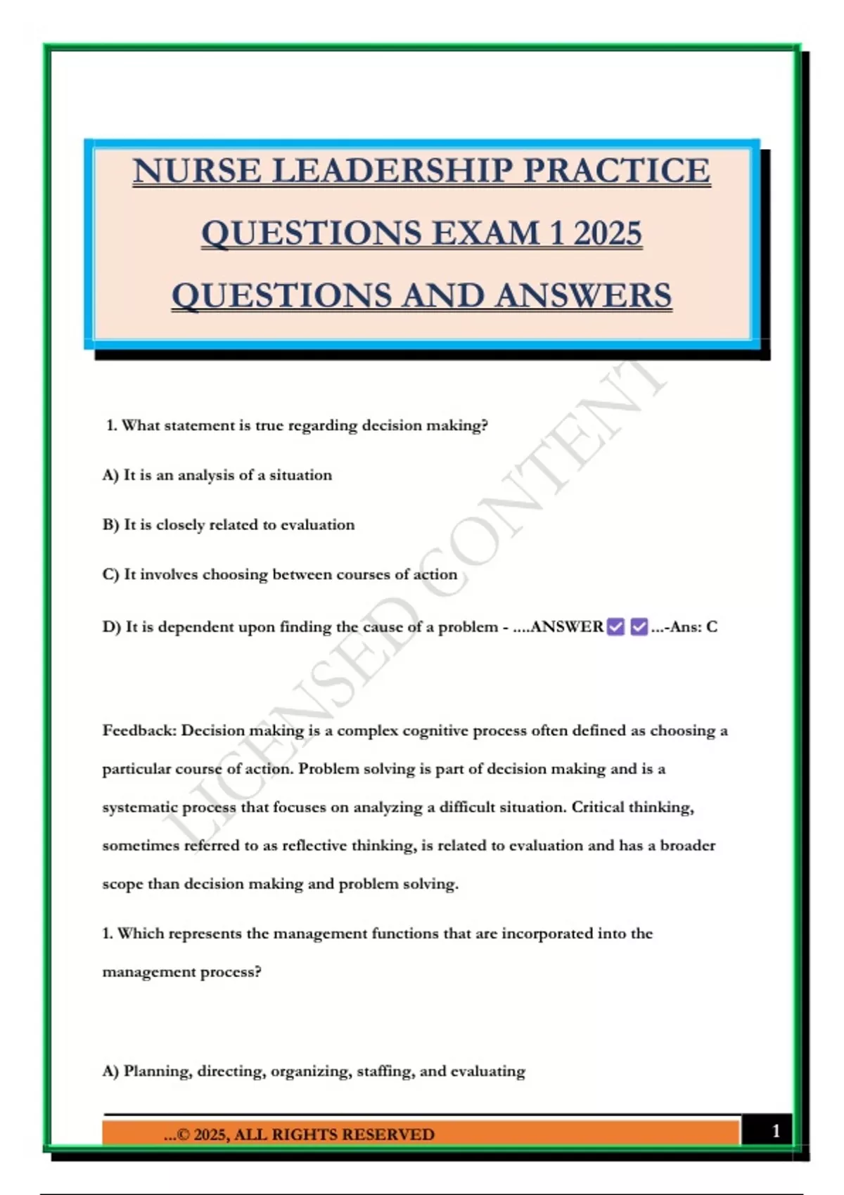 NURSE LEADERSHIP PRACTICE QUESTIONS EXAM 1 2025 QUESTIONS AND ANSWERS ...