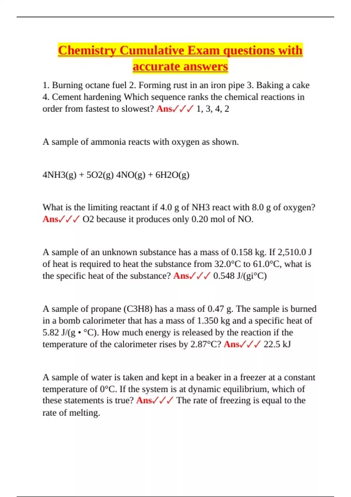 Chemistry – Cumulative Exam Questions with Accurate Answers (Energy ...