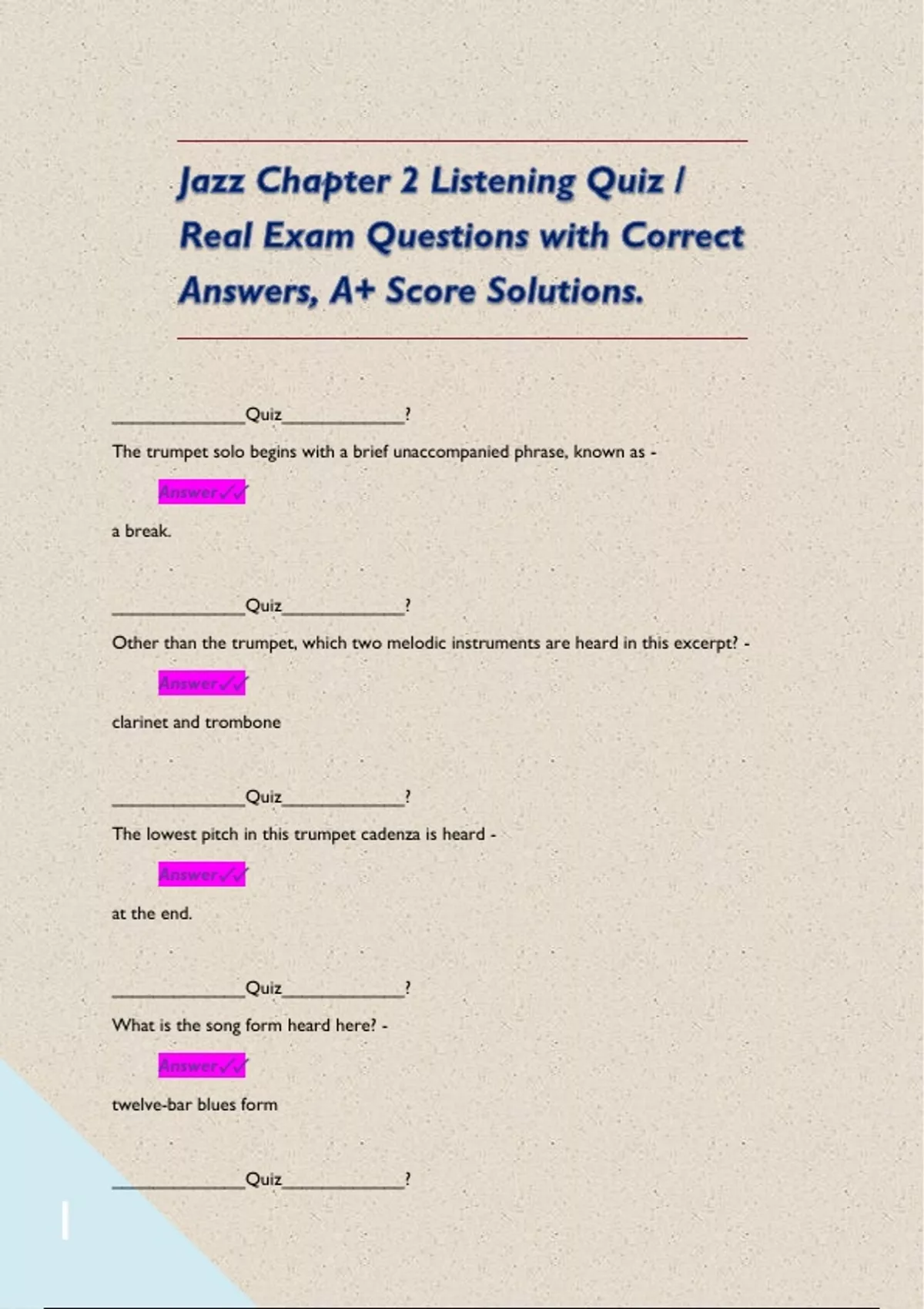 Jazz Chapter 2 Listening Quiz / Real Exam Questions with Correct ...