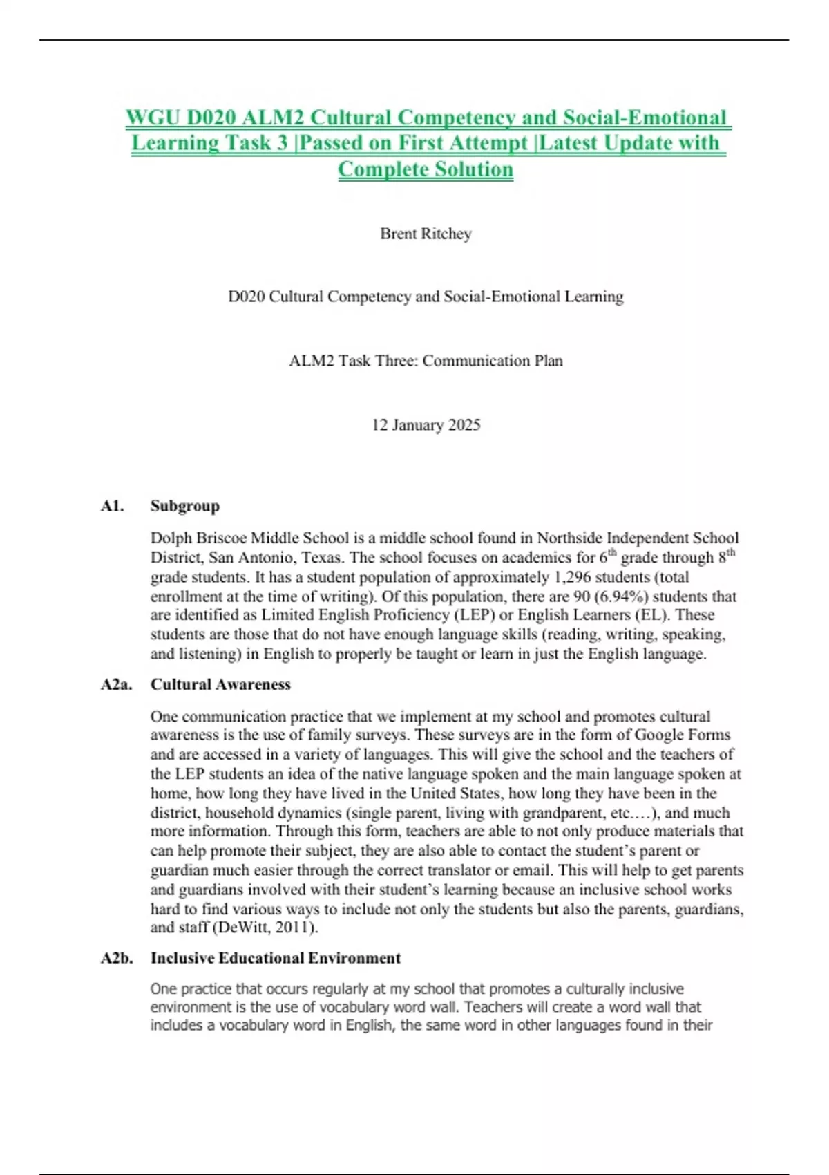 WGU D020 ALM2 Cultural Competency and Social-Emotional Learning Task 3 |Passed on First Attempt ...