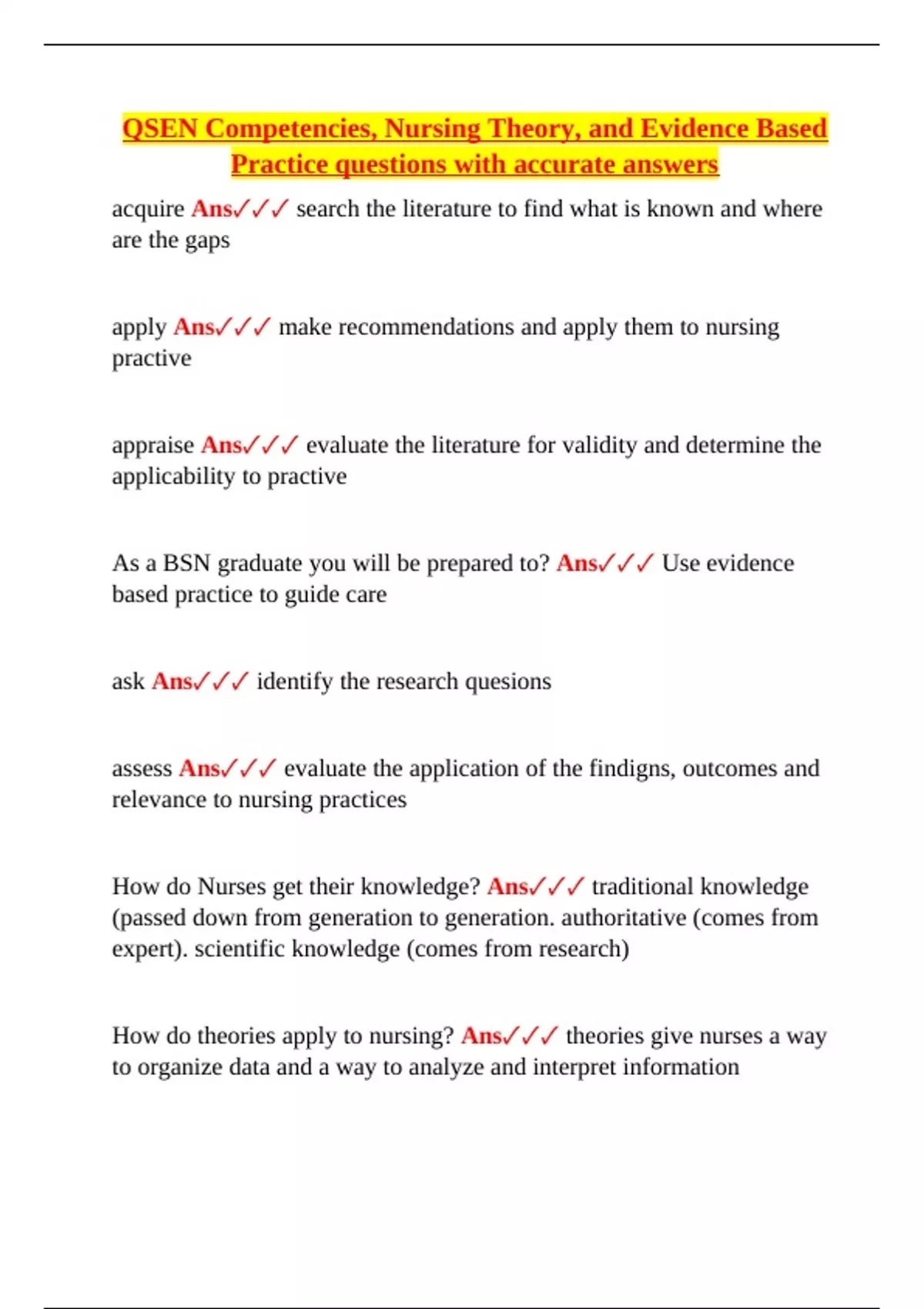 QSEN Competencies – Exam Questions with Accurate Answers (Nursing Theory, Evidence-Based ...