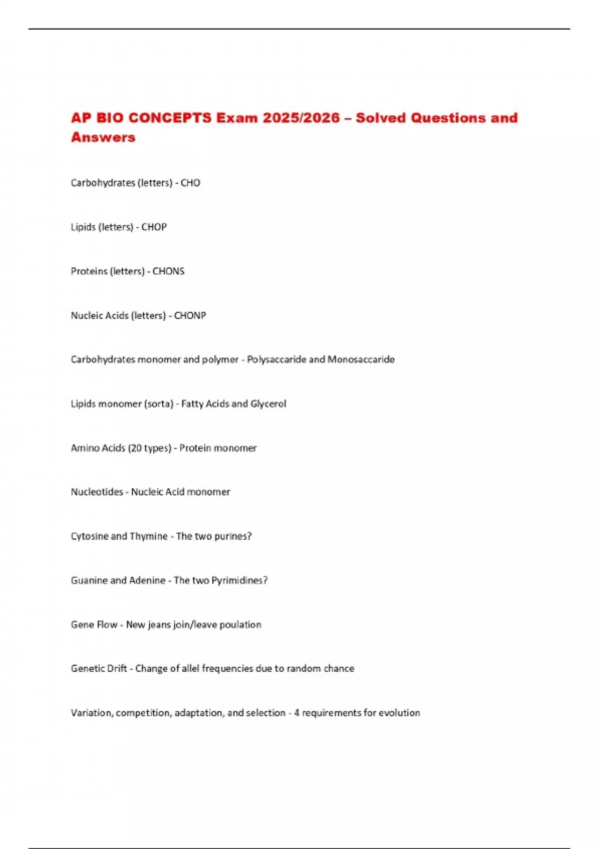 AP BIO CONCEPTS Exam 2025/2026 – Solved Questions and Answers - AP ...