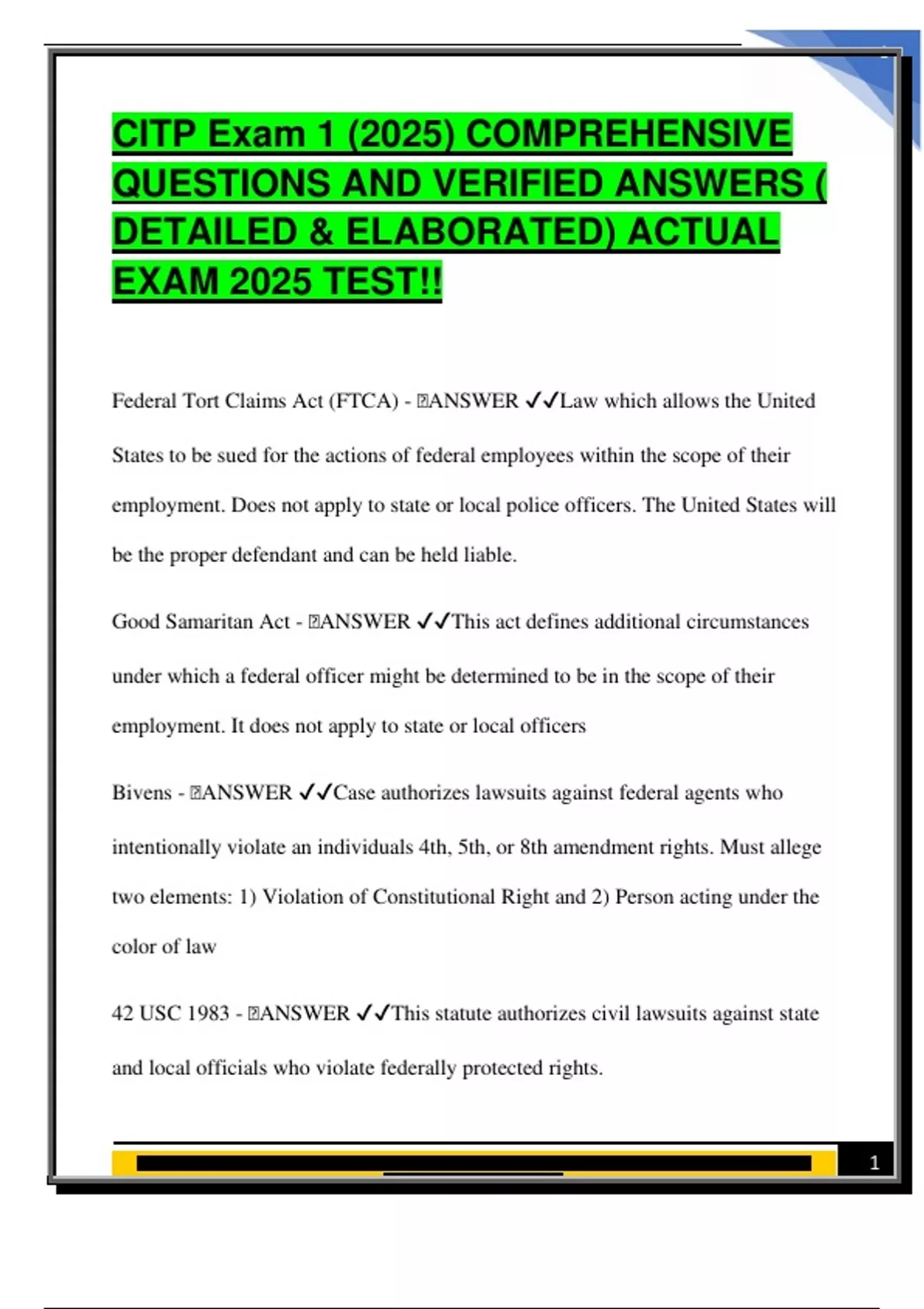 CITP Exam 1 (2025) COMPREHENSIVE QUESTIONS AND VERIFIED ANSWERS ( DETAILED & ELABORATED) ACTUAL ...