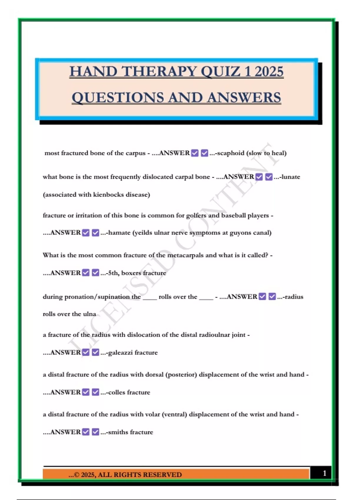 HAND THERAPY QUIZ 1 2025 QUESTIONS AND ANSWERS - CHT - Stuvia US