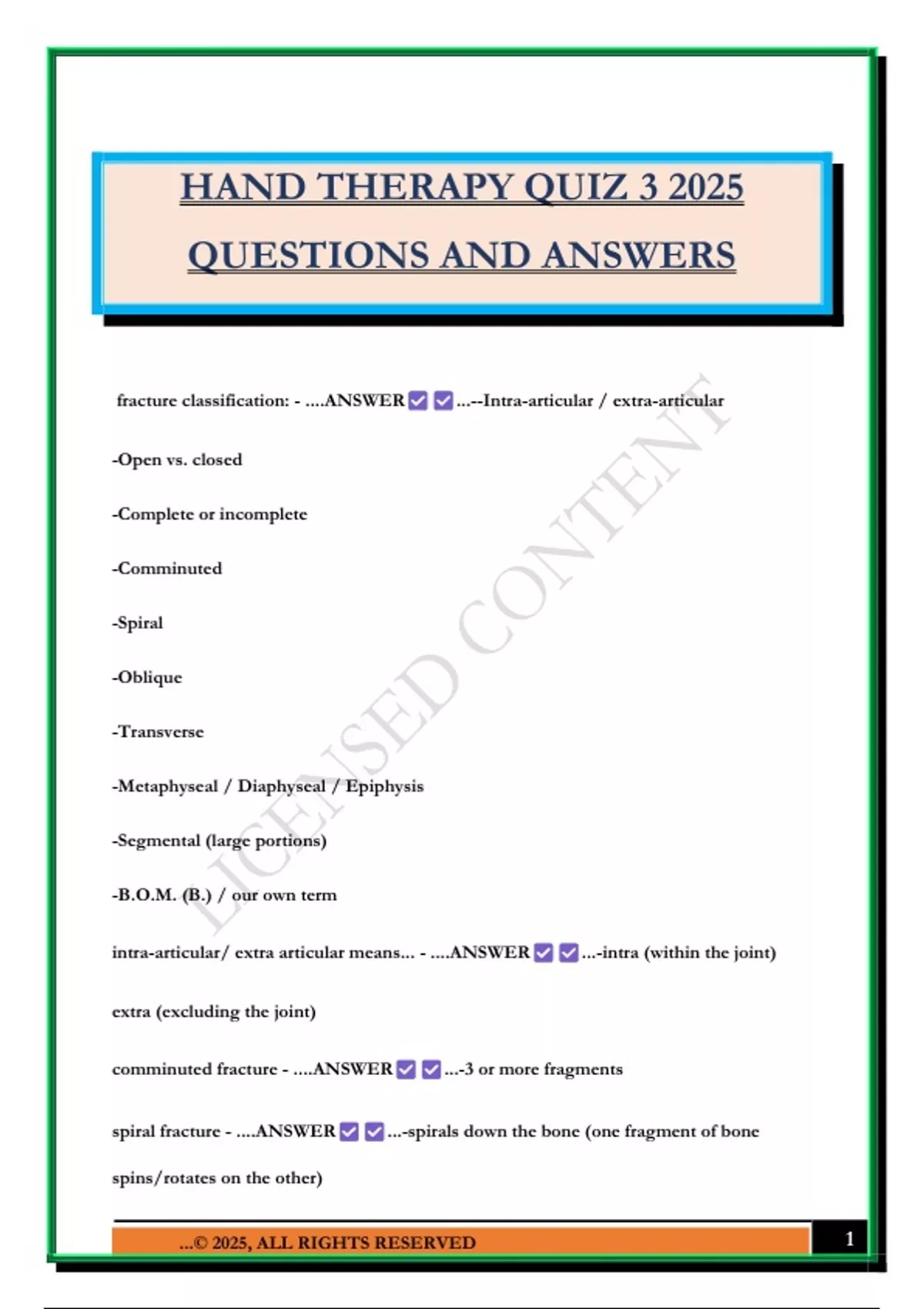 HAND THERAPY QUIZ 3 2025 QUESTIONS AND ANSWERS - CHT - Stuvia US