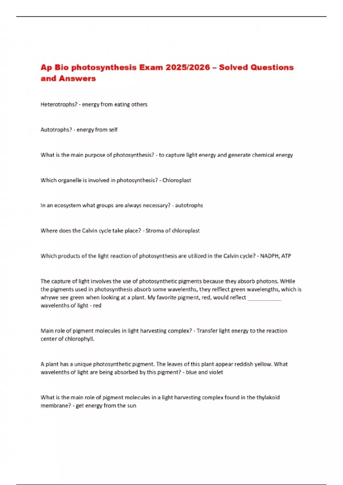 Ap Bio photosynthesis Exam 2025/2026 – Solved Questions and Answers ...