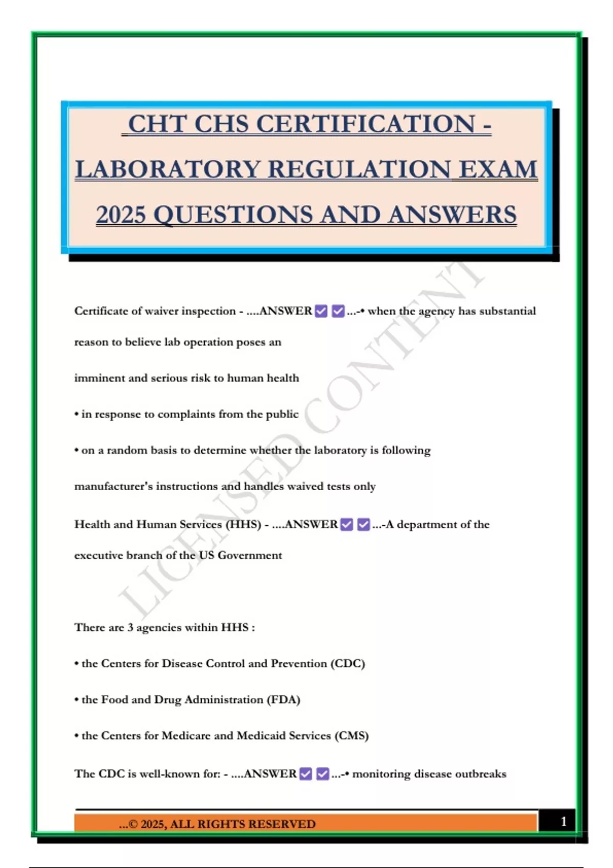 CHT CHS CERTIFICATION - LABORATORY REGULATION EXAM 2025 QUESTIONS AND ...