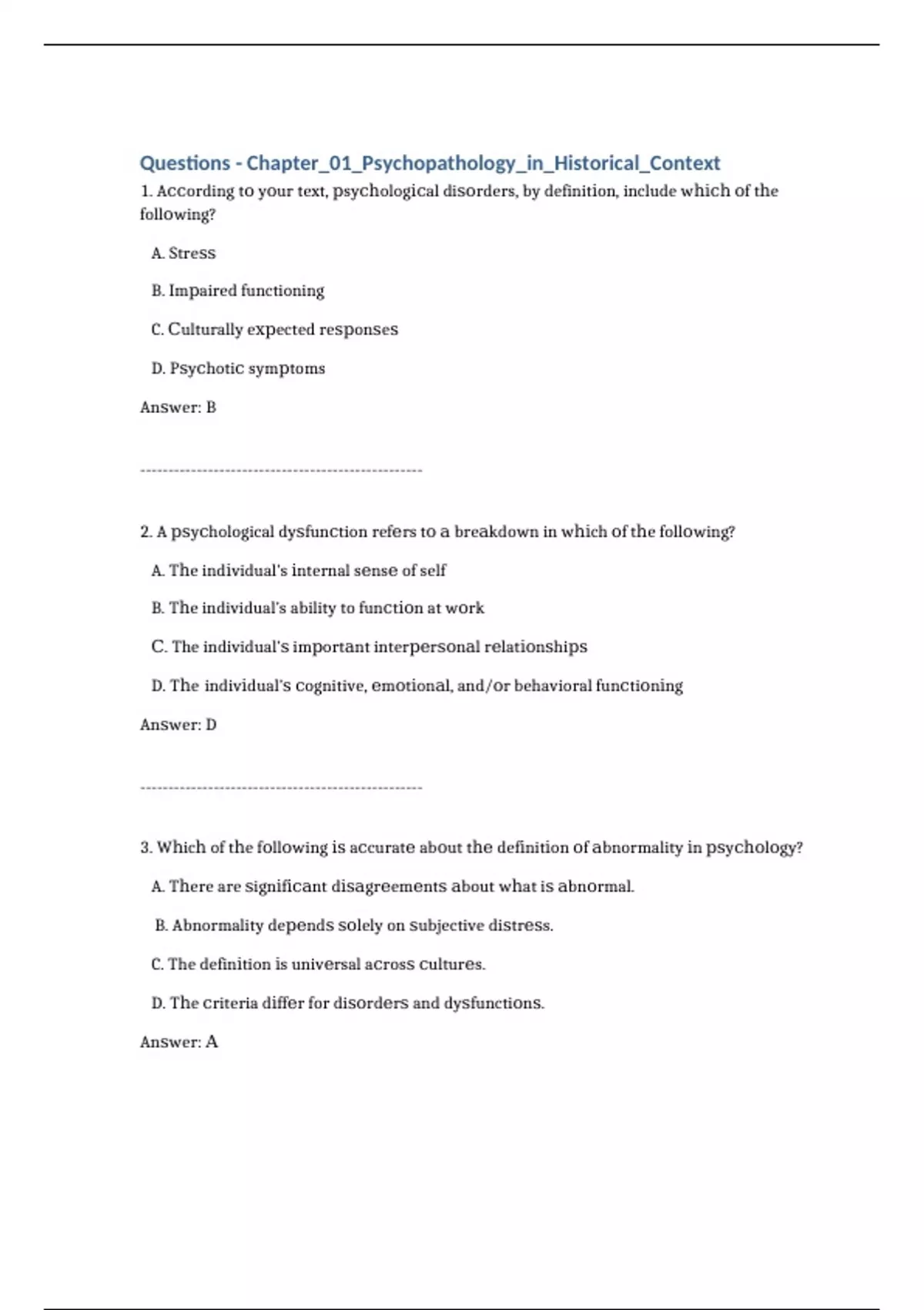 test bank, practice questions: Psychopathology An Integrative Approach ...