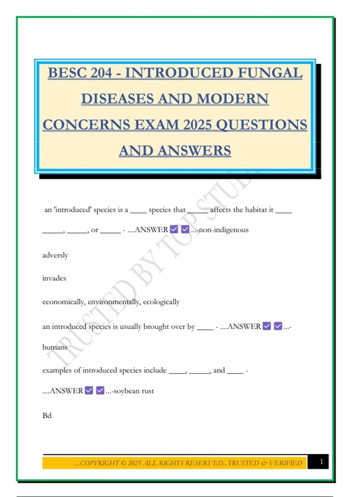 BESC 204 - INTRODUCED FUNGAL DISEASES AND MODERN CONCERNS EXAM 2025 ...