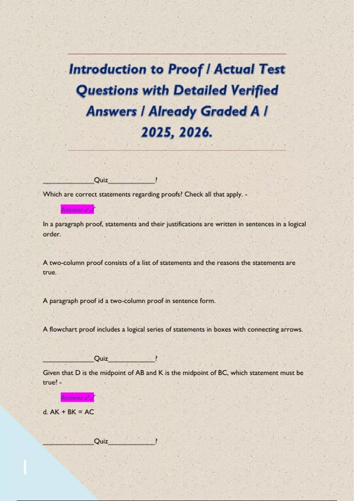 Introduction to Proof / Actual Test Questions with Detailed Verified ...