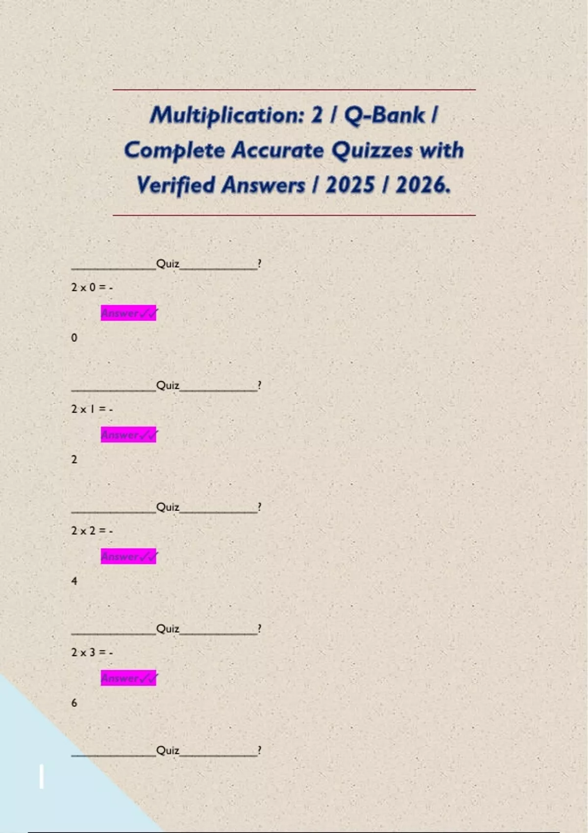 Multiplication: 2 / Q-Bank / Complete Accurate Quizzes with Verified ...