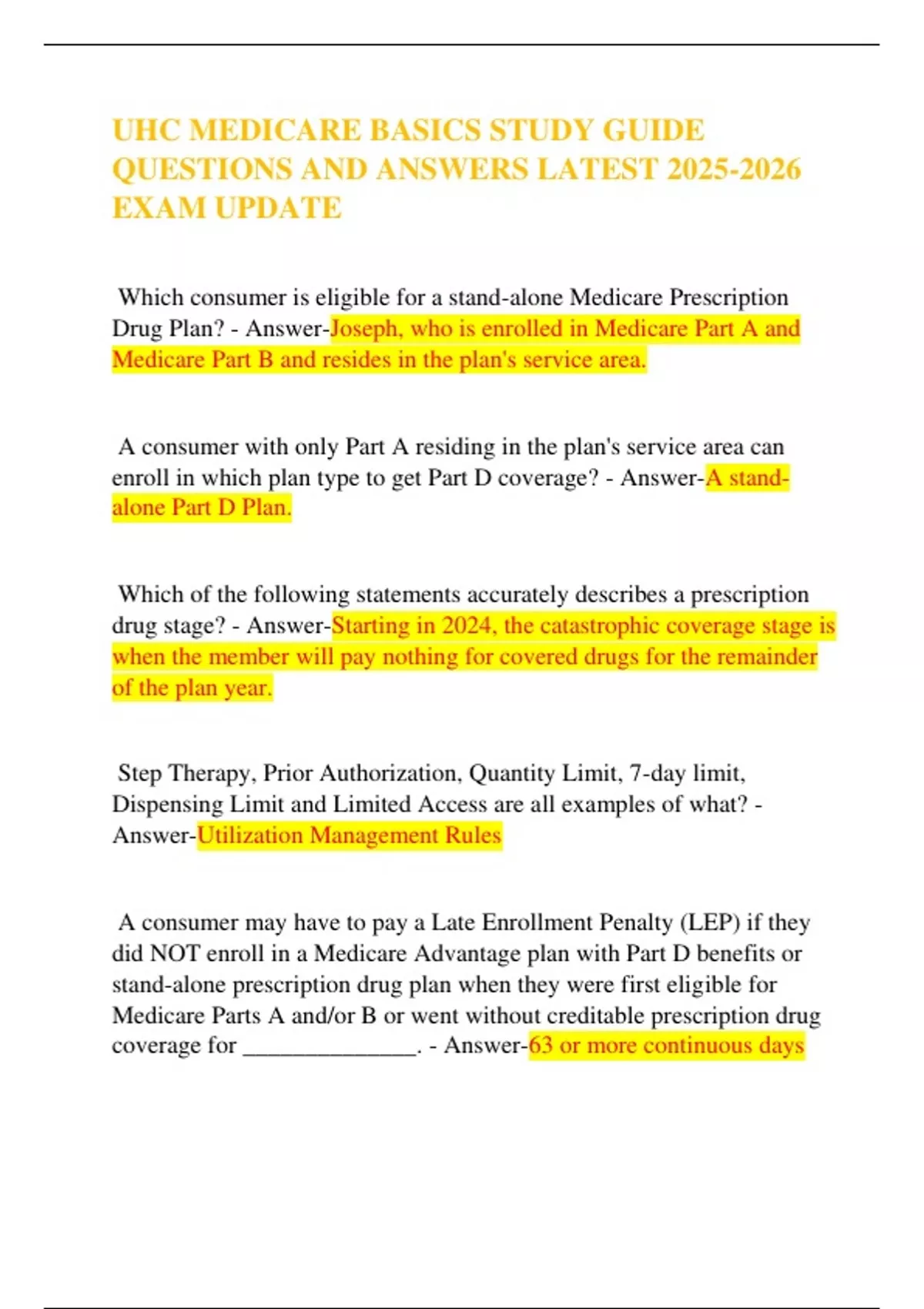 UHC MEDICARE BASICS STUDY GUIDE QUESTIONS AND ANSWERS LATEST EXAM ...