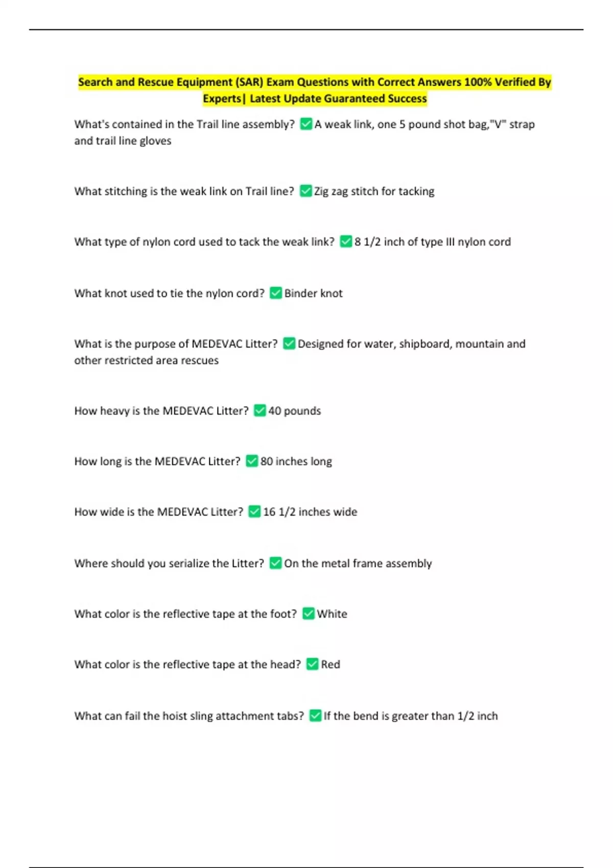 Search and Rescue Equipment (SAR) Exam Questions with Correct Answers ...