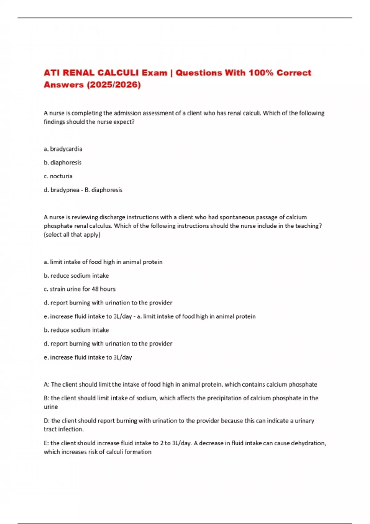 ATI RENAL CALCULI Exam | Questions With 100% Correct Answers (2025/2026 ...