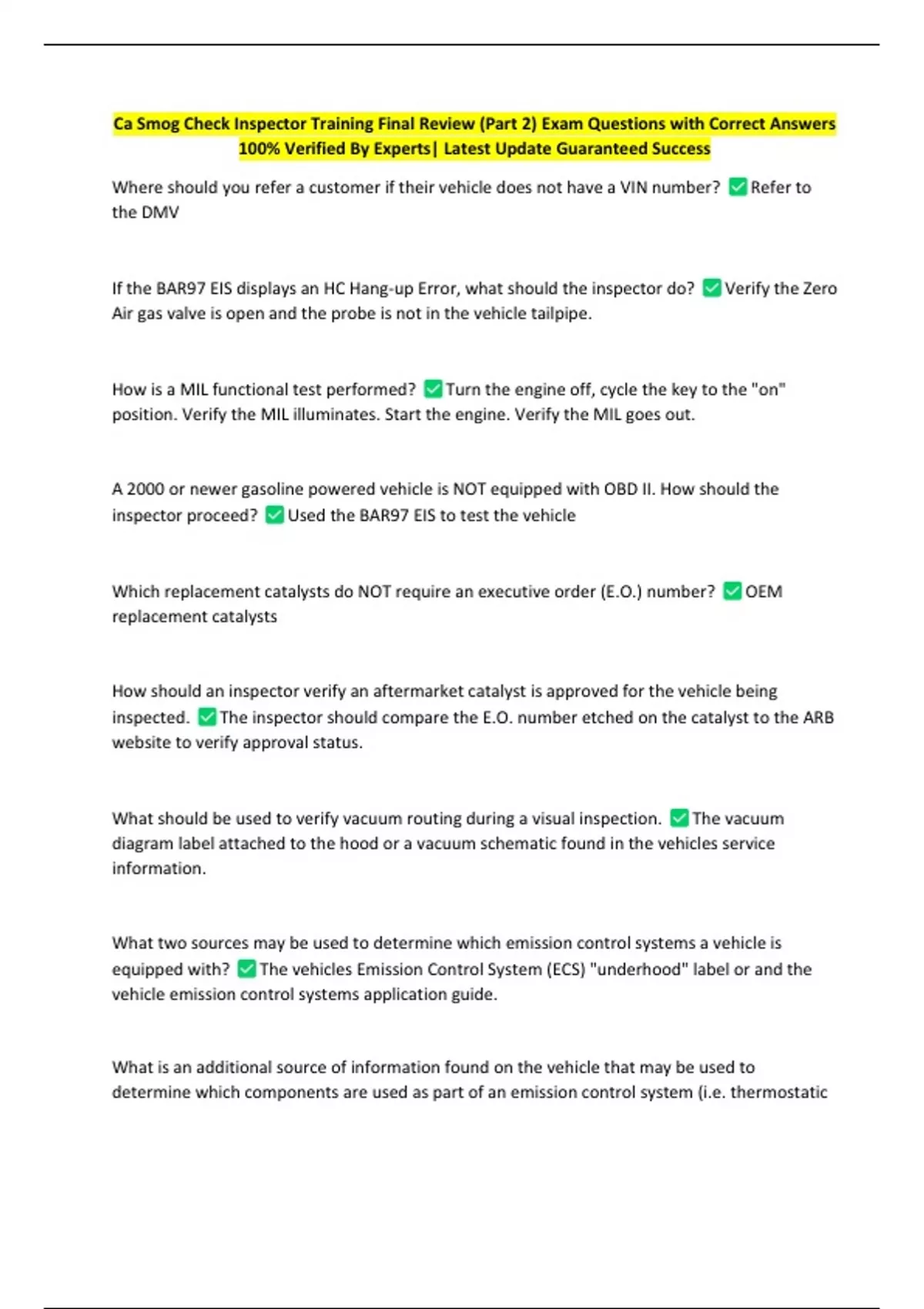 Ca Smog Check Inspector Training Final Review (Part 2) Exam Questions with Correct Answers 100% ...