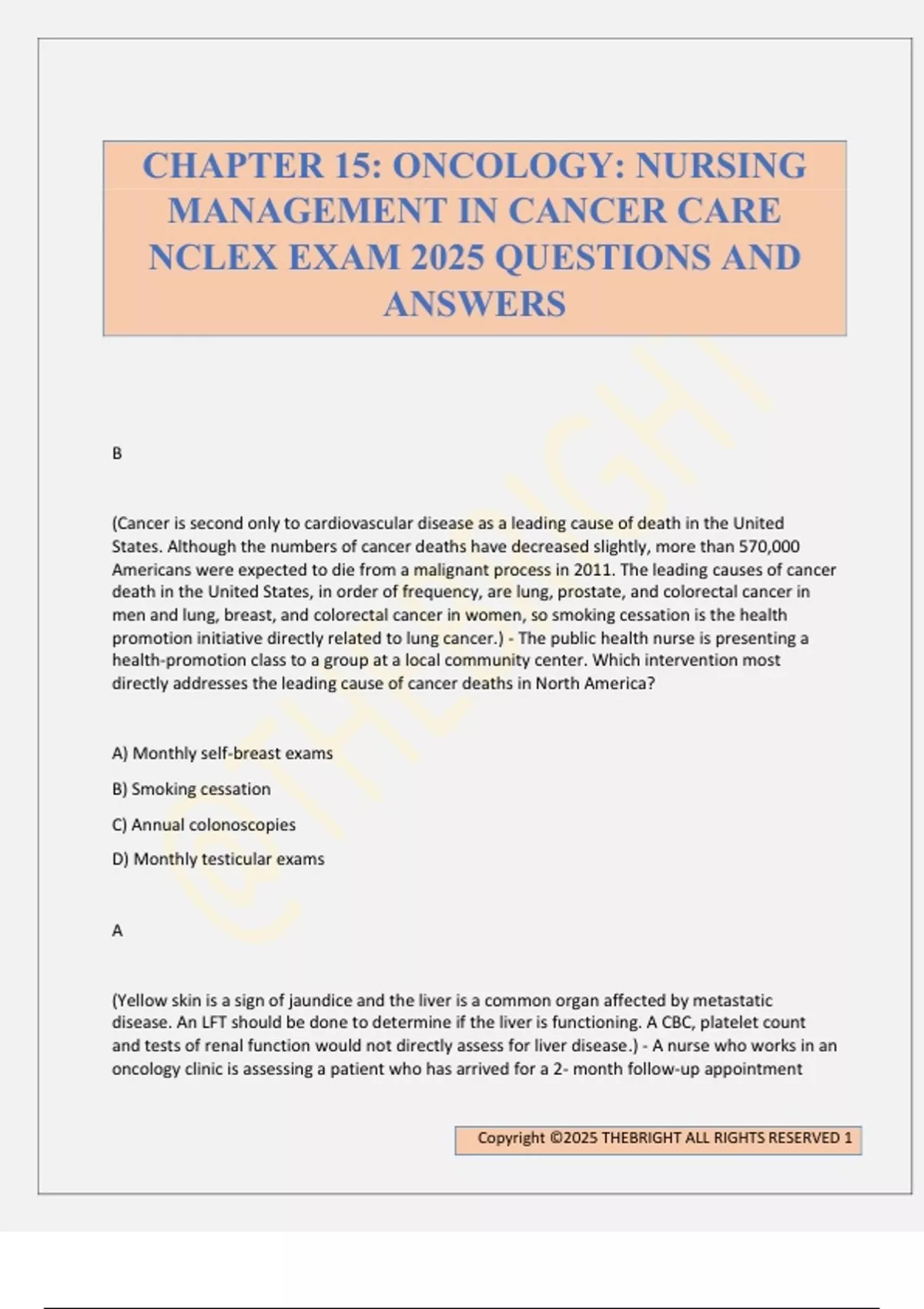 CHAPTER 15: ONCOLOGY: NURSING MANAGEMENT IN CANCER CARE NCLEX EXAM 2025 ...