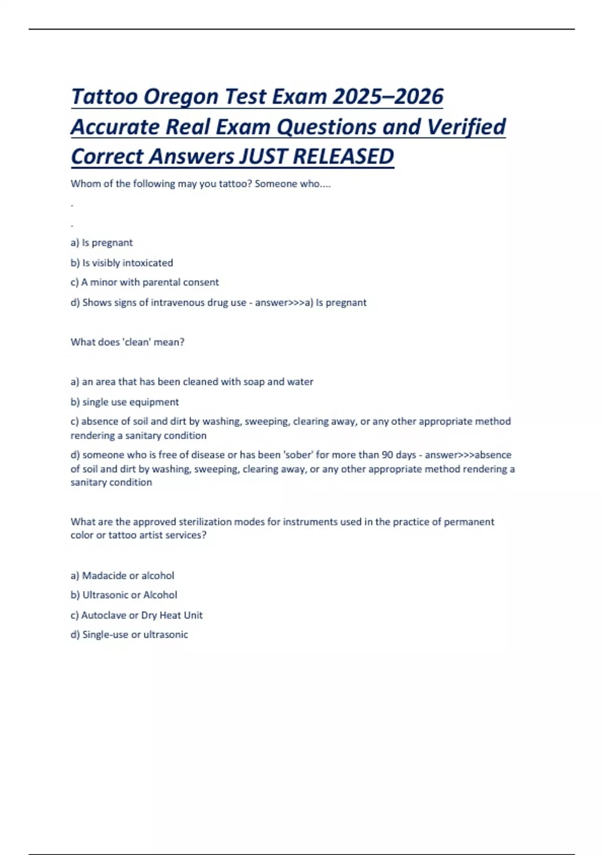 Tattoo Oregon Test Exam 2025–2026 tattoo artists preparing for Oregon ...