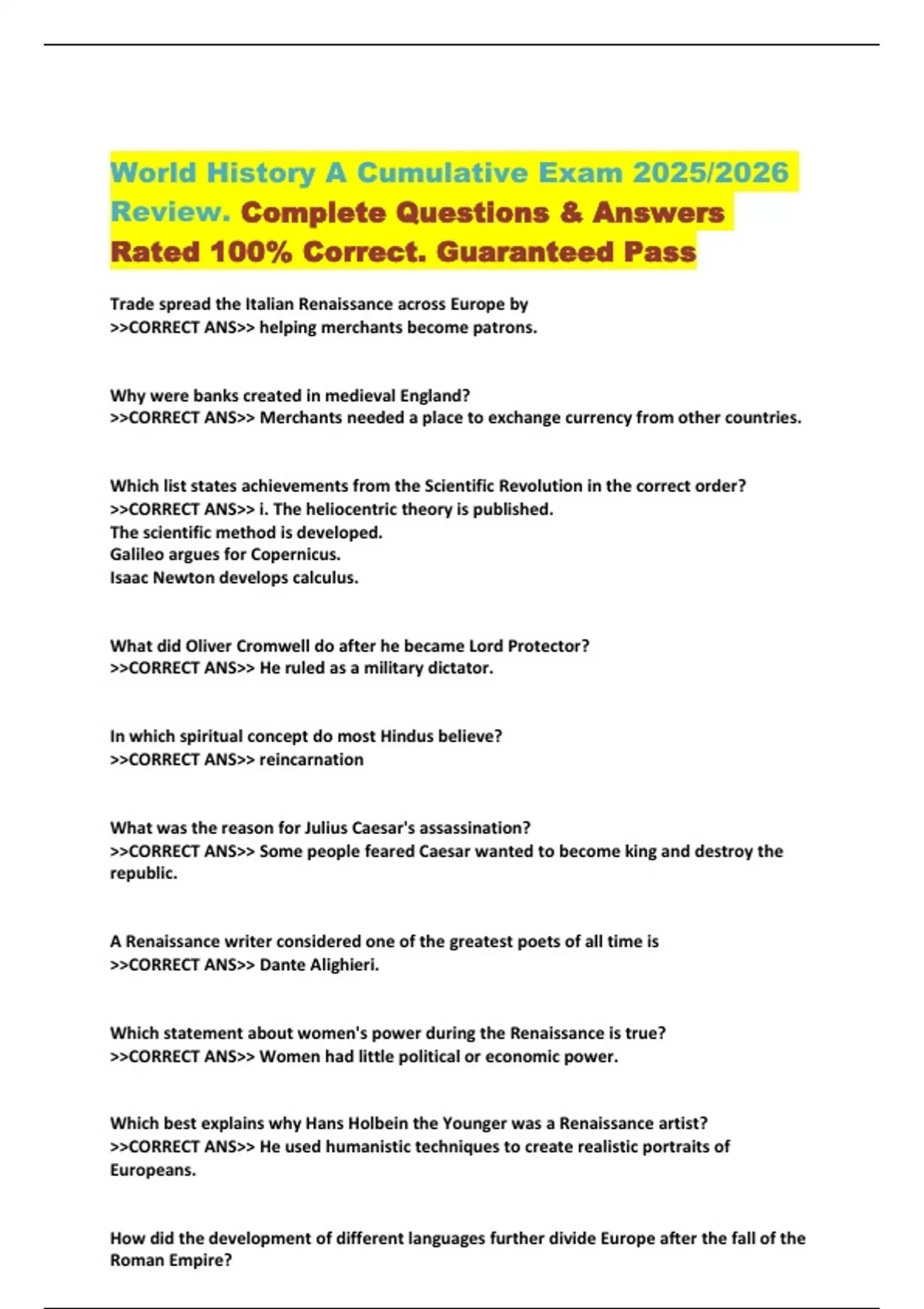 World History A Cumulative Exam 2025/2026 Review. Complete Questions ...